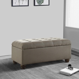 Textured Fabric Upholstered Button Tufted Storage Bench With Wooden Bun ...