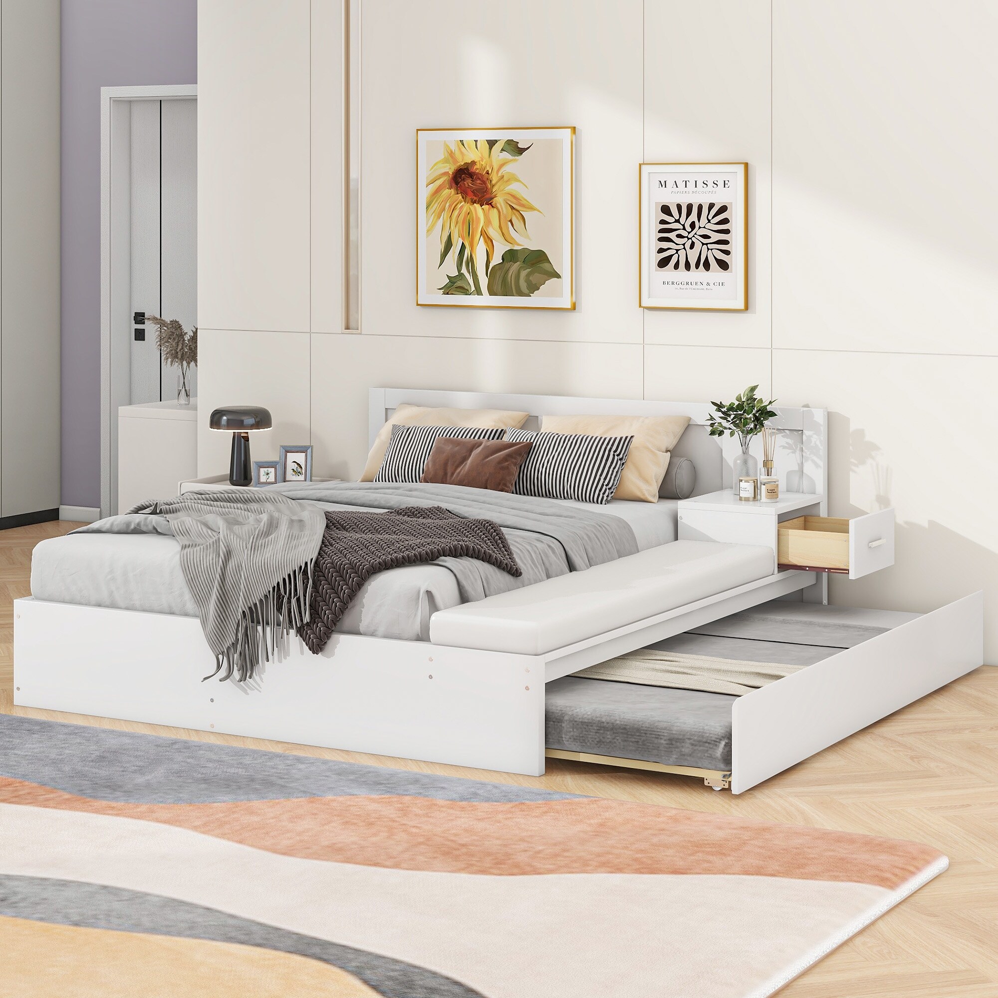 Full Size Platform Bed With Twin Size Trundle Side Table And Lounge Bed Bath Beyond 40171561