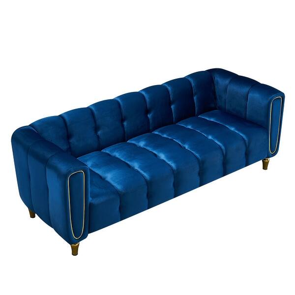 Blue Deep Channel Tufting Sofa with Golden Strip Arms and Metal Feet ...