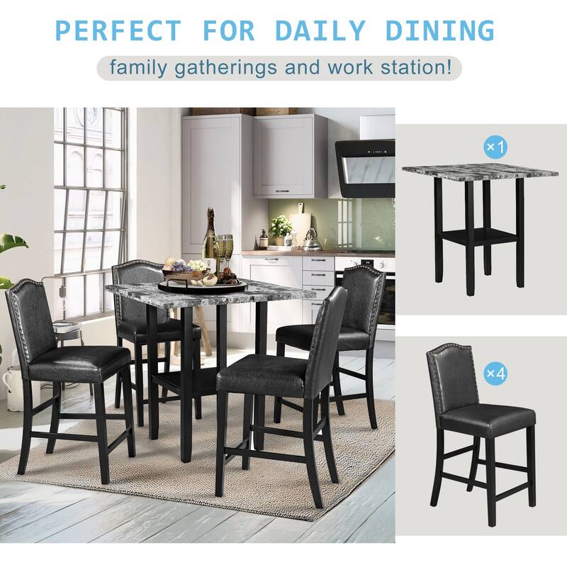 Moda Angela 5-Piece Dining Set with 4 Chairs Grey Table Bottom Shelf ...