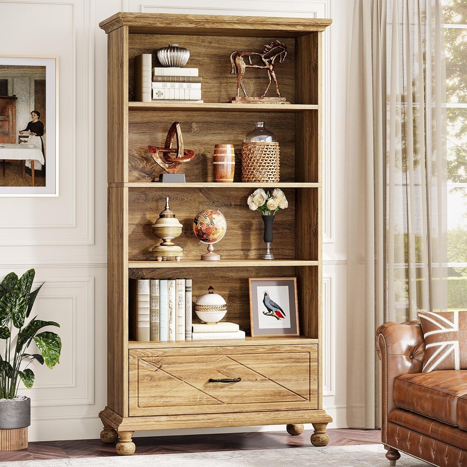 Solid wood bookcase with drawers store