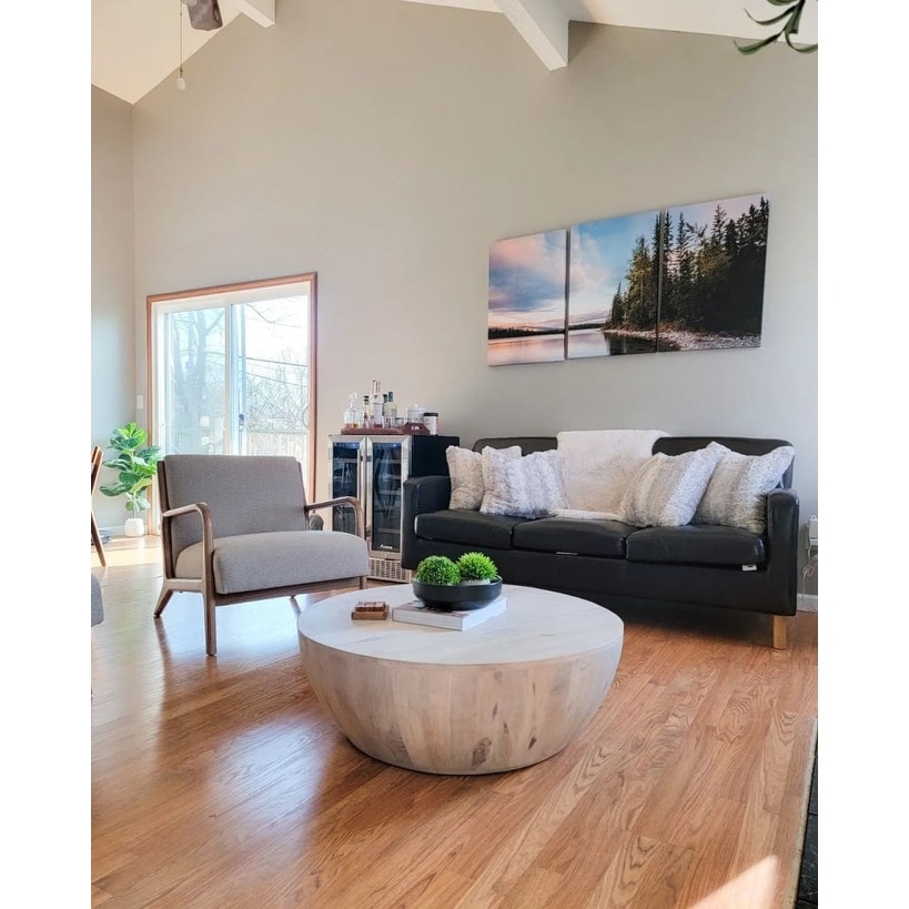 36 inch Round Mango Wood Coffee Table Subtle Grains Distressed White 35.5 x 35.5 x 12