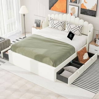 Wave Design Queen Platform Bed Frame with 4 Drawers & USB Ports, Beige ...