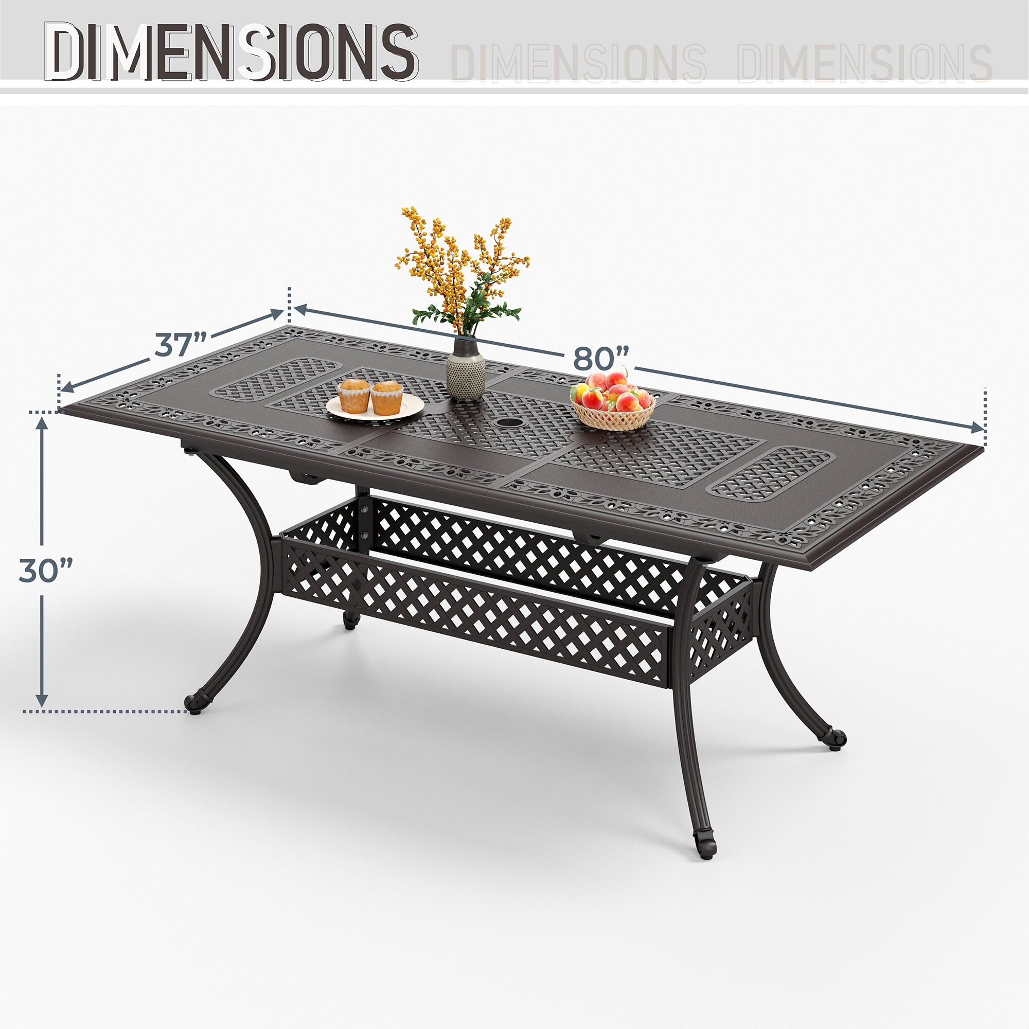 MAISON ARTS Patio Cast Aluminum Dining Table for 8 Square Expandable Rectangular Table with Umbrella Hole