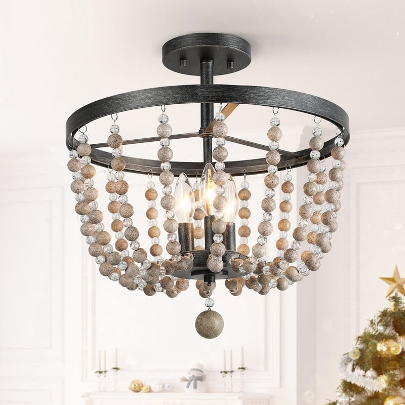 Carbon Loft Boho 3-light Distressed Wood Beads Chandelier Flush Mount ...