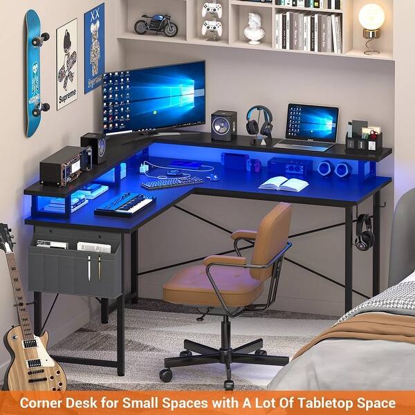 47'' L Shaped Computer Desk with Power Outlets LED Lights Corner Black ...