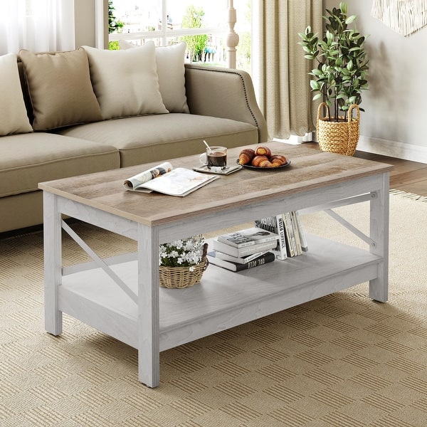 Farmhouse Coffee Table with Storage 2-Tier Center Table for Living Room ...