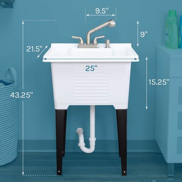 TEHILA Glossy White Utility Sink Laundry Tub with Pull-Out Faucet and ...