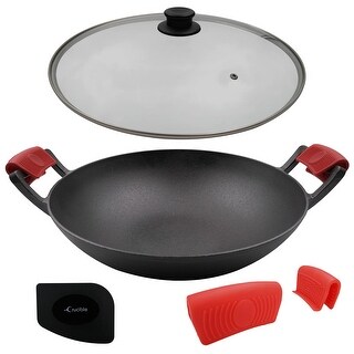 14-Inch Cast Iron Wok Set (Pre-Seasoned), Glass Lid & Silicone Hot ...