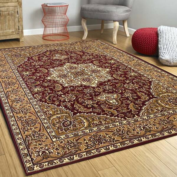 Red Beige Machine Woven Traditional Medallion Octagon Indoor Area Rug ...