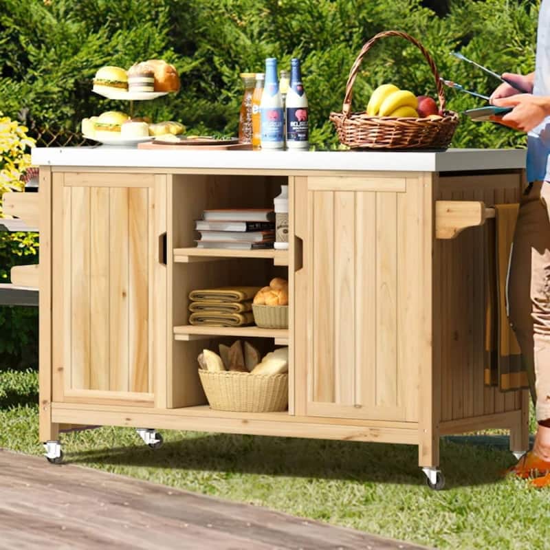 Moasis Solid Wood Bar Cart Grill Table with Stainless Steel Top for ...