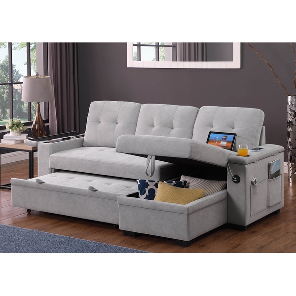 Ashlyn II 84 W Woven Fabric Reversible Sleeper Sectional Sofa with Storage Chaise Gray