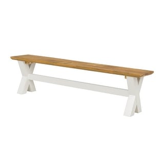 70 Inch Dining Bench, White X Leg Trestle Base, Acacia Wood, Brown Seat ...