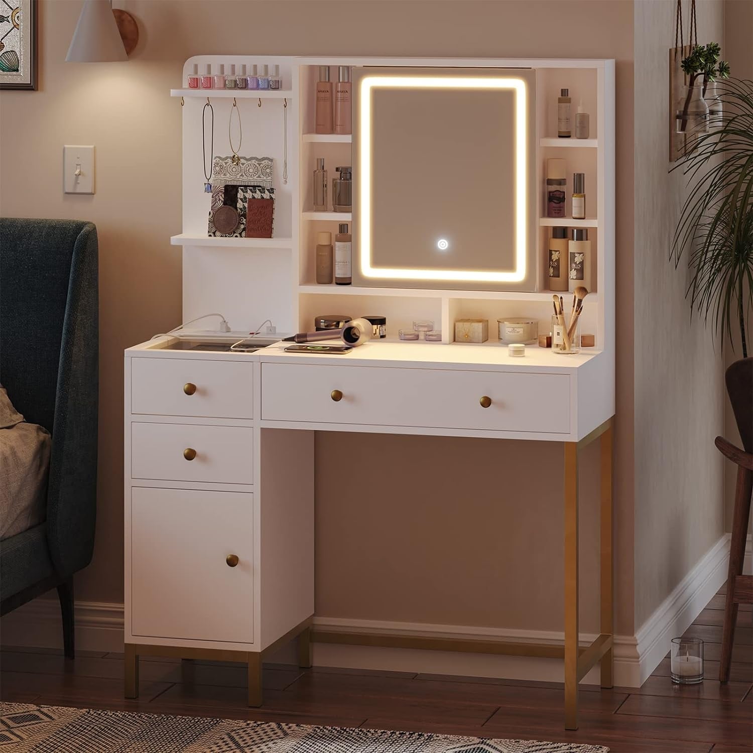 Corner Vanity Desk with Lighted Mirror 4 Drawers Rotating Shelves - On ...
