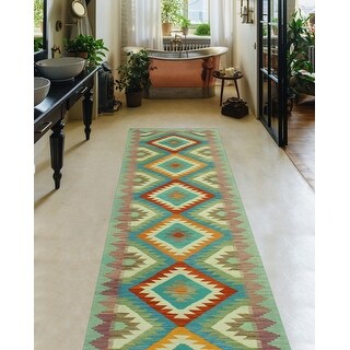 Hand-Woven Sangat Kilim Belva Lt. Green/Blue Runner - 2'7" x 9'11 ...