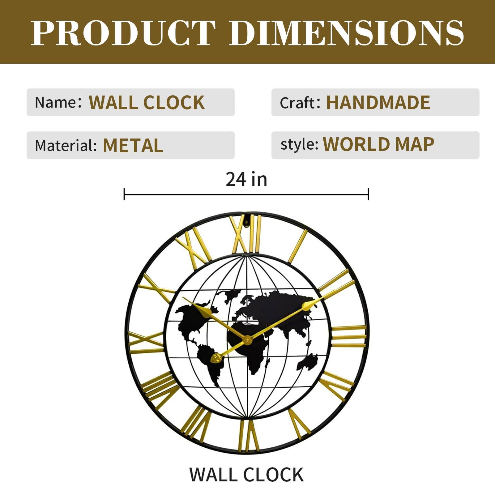 Large World Map Wall Clock,Metal Minimalist Modern Clock,Round Silent ...
