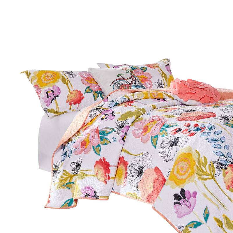 Mavi 4 Piece Reversible Twin Quilt Set, Spring Floral Print, Multicolor ...
