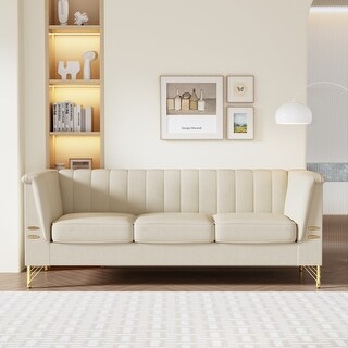 Beige Velvet 3-Seat Sofa, High Rebound Sponge Cushion - Bed Bath ...