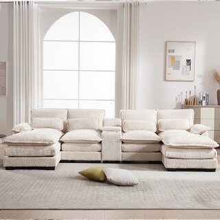 Beige U-Shaped Sectional Sofa with Cup Holders and USB Ports, Chenille Fabric - Bed Bath ...