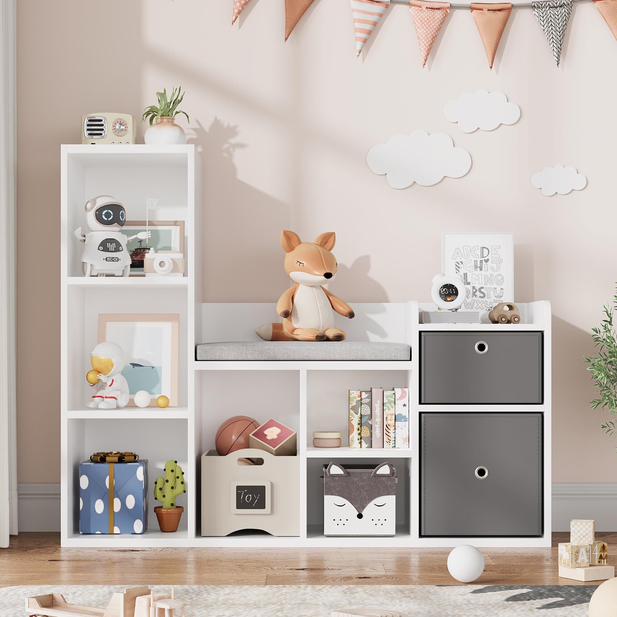 Kids Bookshelf 44.1in Width Toy Storage Organizer with Reading Nook White