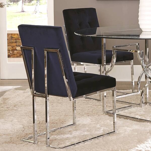 Modern Chrome Artistic Floating Design Tufted Dark Blue Dining Chairs ...