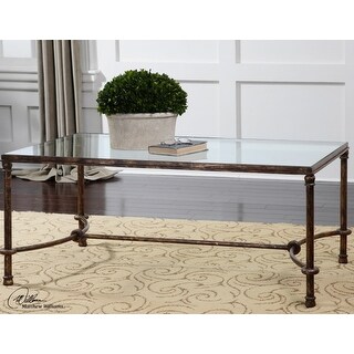 4' Rustic Bronze Patina Iron Tempered Glass Rectangular Coffee Table ...