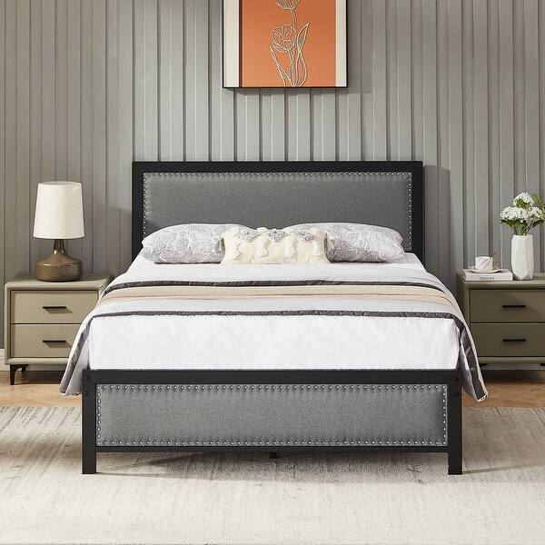 VECELO Platform Bed Frame with Headboard ,Grey Bed Frame - Bed Bath ...