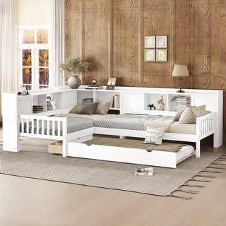 L-shaped Platform Bed with Trundle, Solid Wood Platform Bed with ...