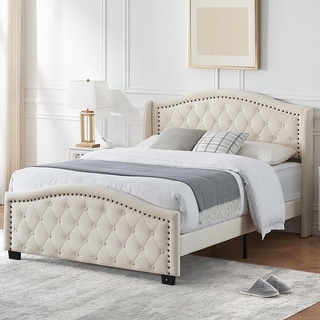 Beige Upholstered Platform Bed Frame with Nailhead Trim Wingback ...