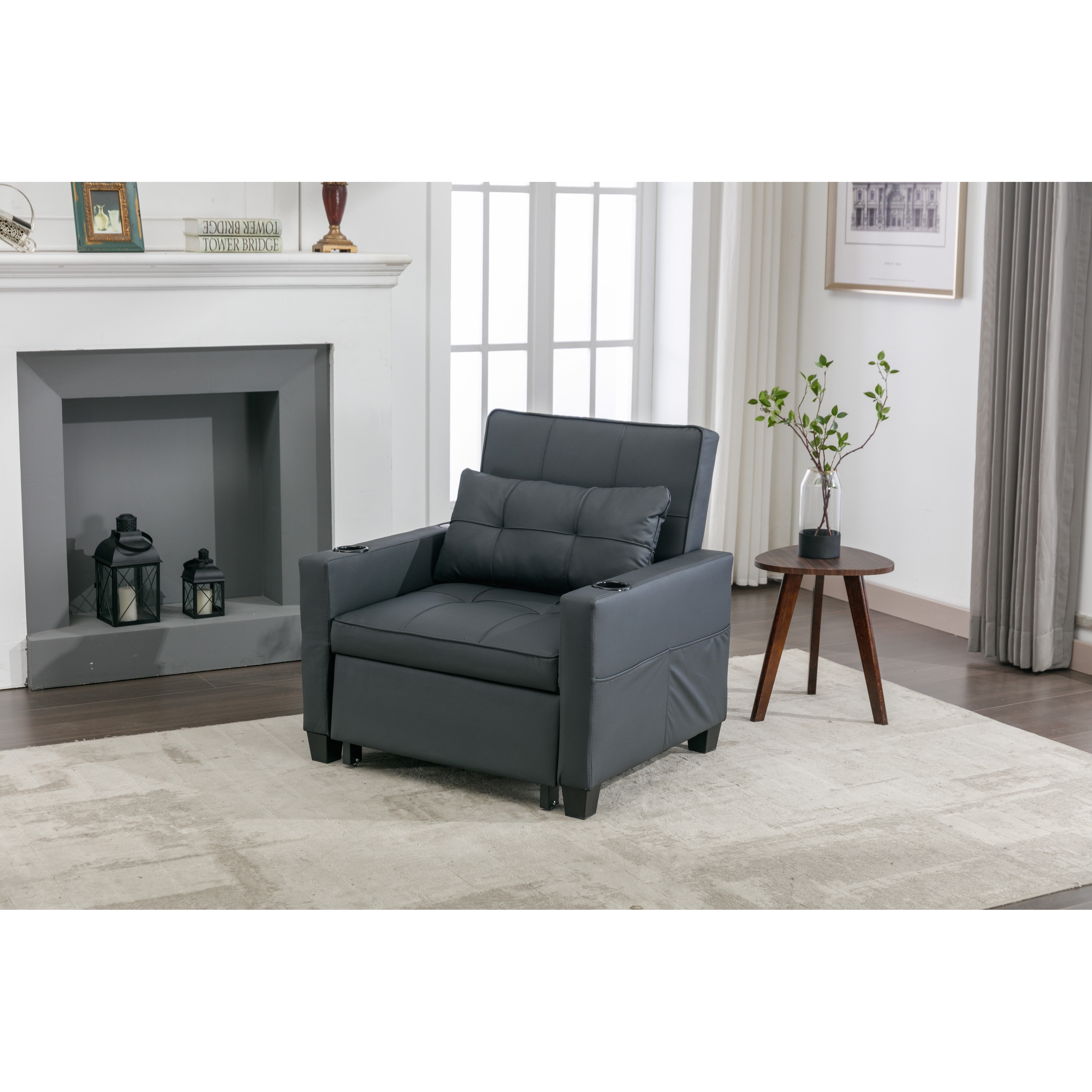 Pull Out Sleeper Sofa Linen Convertible Accent Arm Chairs w/USB Ports ...