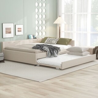 Queen Upholstered Platform Bed with USB and Twin Size Trundle, Beige ...