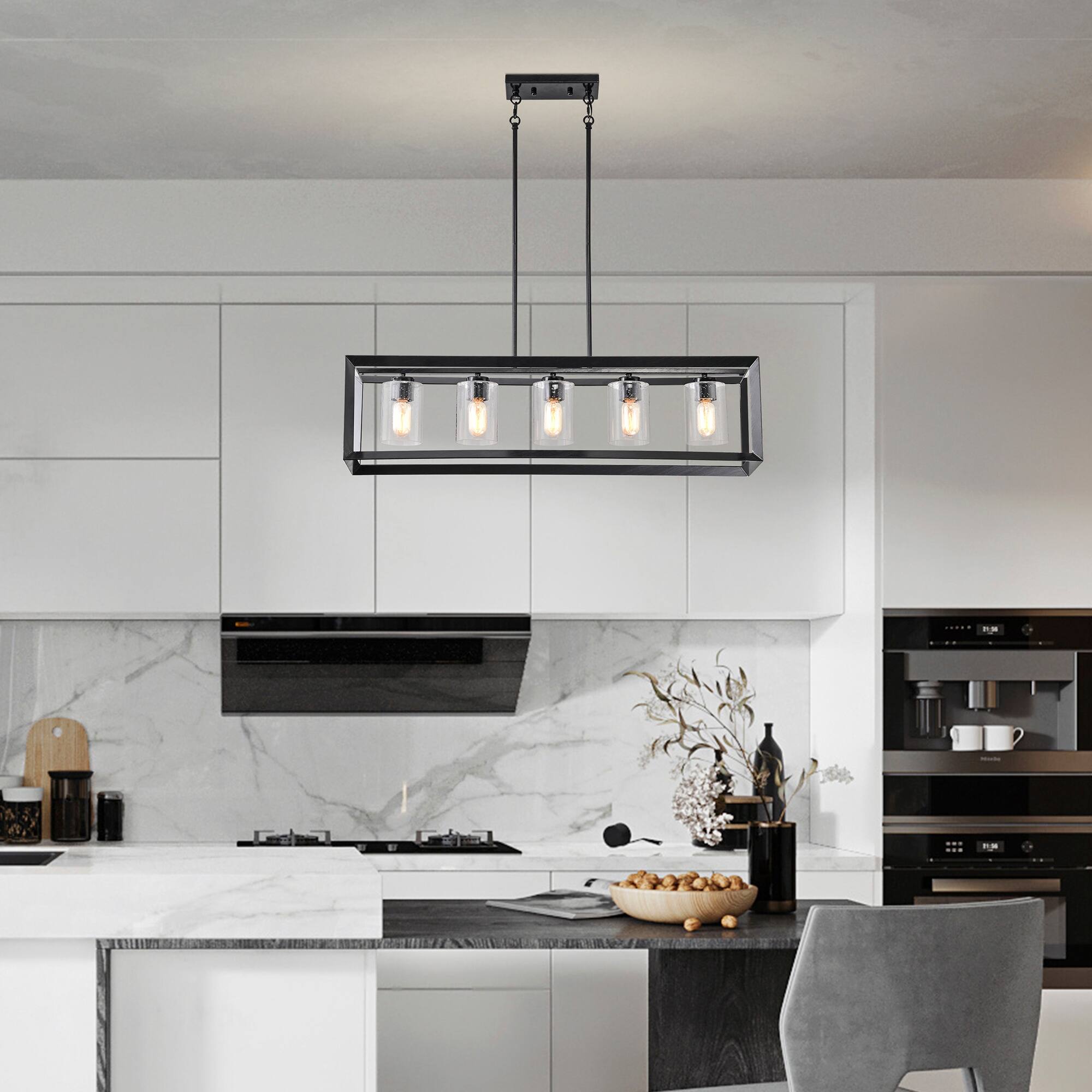 Antique Black 5-Light Rectangular Kitchen Island Chandelier with Seedy ...