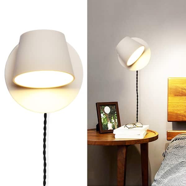 Modern Wall Lamp Plug in Cord Round Rotatable Black /White Wall Sconce ...