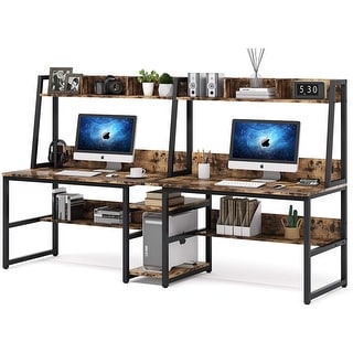 Two Person Computer Desk with Hutch and Storage Shelves, Double ...