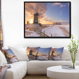 Designart "Dutch Windmills at Sunrise" Abstract Framed Canvas Art Print ...