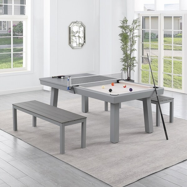 Newport Outdoor Patio 7ft Slate Pool Table Dining Set with 2 Benches Accessories Cement Finish On Sale Bed Bath Beyond 36202509