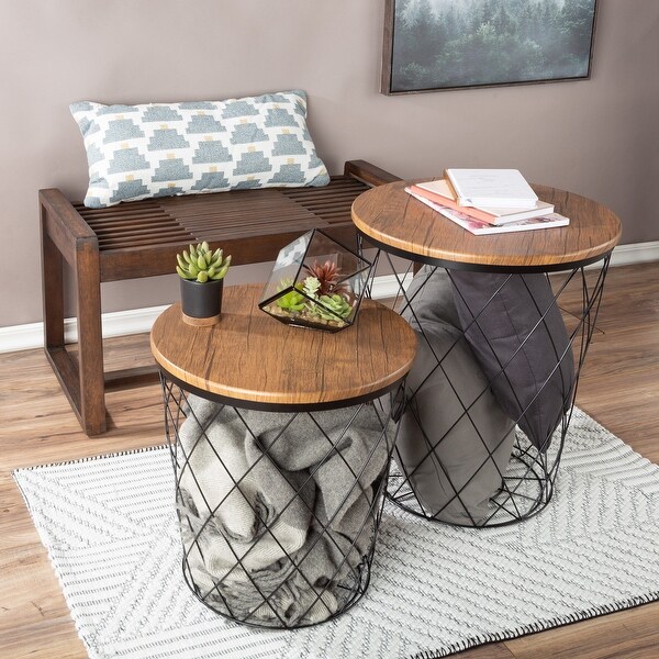 Lavish Home End Table with Storage Round Wire Basket Base Nesting Tables Set of 2