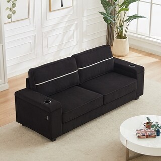 Black 86.5" Corduroy 3-Seater Sofa with Arm Storage, USB Ports, Cup ...