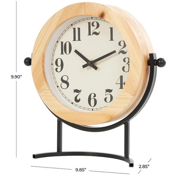 Light Brown Wood Decorative Clock with Curved Black Metal Stand and ...