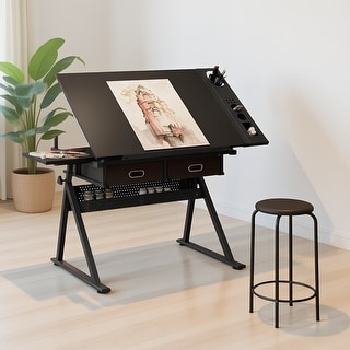 Adjustable Drawing Table with 2 Drawers and Stool, 0-75 Degree Tilt ...