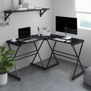 Modern L-Shaped Glass Computer Desk with Tempered Black Glass Top ...