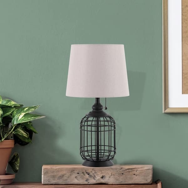 GetLedel 18-inch Farmhouse Black Cage Table Lamp with Fabric Shade ...