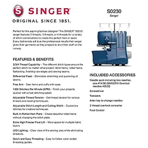 Singer S0230 Serger Sewing Machine w/Included Accessory Kit & Free Arm ...