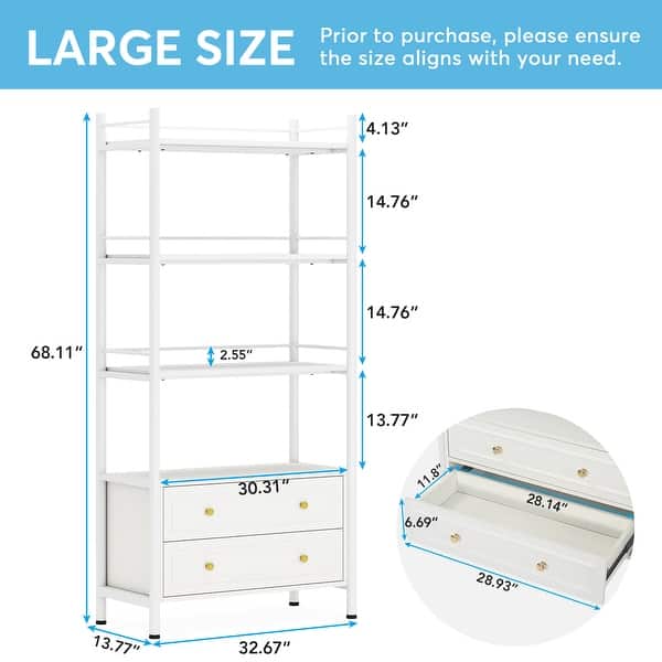 4-Tier White Bookshelf with 2 Drawers, Tall Bookcase with 4 Open Shelf ...