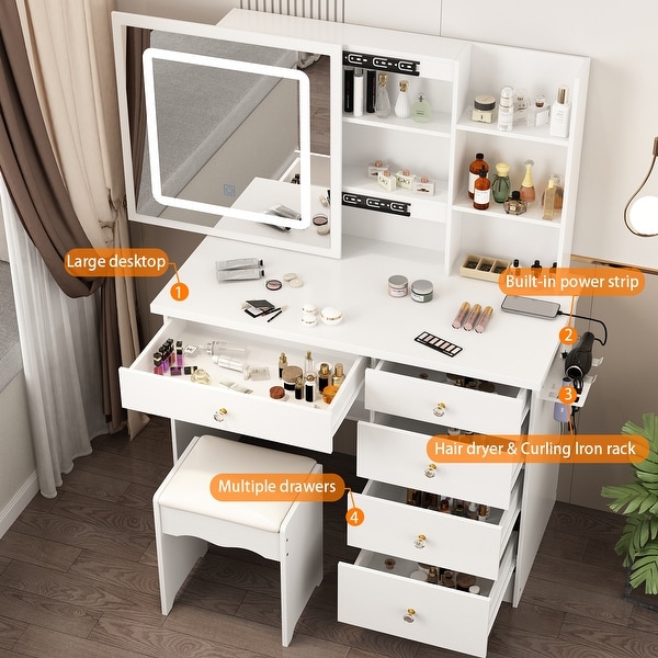 Modern Vanity Desk, 4 Drawers Makeup Vanity Table, Glass Top Makeup ...