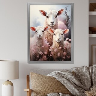 Designart "White Pink White Pink Sheep Ethereal Ewes I" Sheep Framed ...