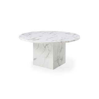 60 Inch Modern Dining Table, Round Marble Top and Square Base, White ...