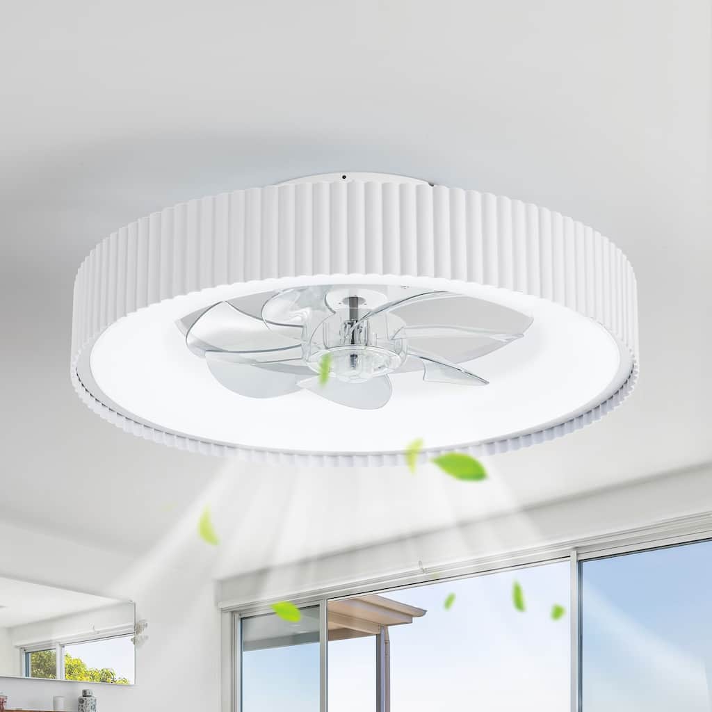 19.3" White Flush Mount 7-Blade Ceiling Fan with Remote and Dimmable ...