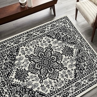 HR Traditional Rug for Living Room Antiqued Oriental Black and White ...
