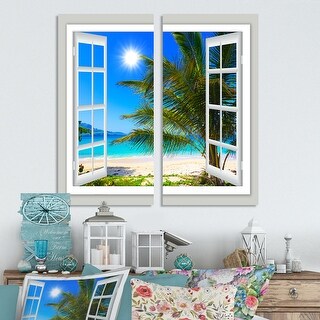 Designart "Window Open to Beach with Palm" Seashore Canvas Wall Art ...